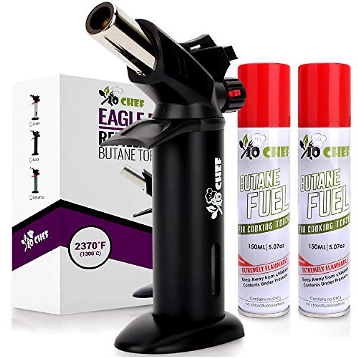 Eagle RX Crème Brûlée Torch – Safest Kitchen Food Torch – Safety Switch, Hand Shield, Fuel Gauge, Ergonomic Matte Black Grip – Culinary Butane Blow Torch 2,370°F – 2 Cans Included by Jo Chef