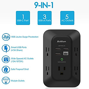 Power Strip Surge Protector, Addtam 6 Outlets and 3 USB Ports 5Ft Long Extension Cord and USB Wall Charger Surge Protector - Addtam 5 Outlet Extender with 4 USB Charging Ports (1 USB C, 4.5A Total)
