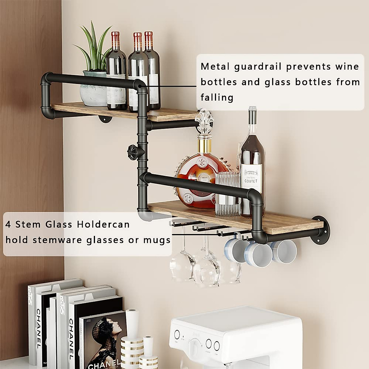 Wine Rack Wall Mounted 2 Tier,43.3" Rustic Wine Bottle Glass Hanging Floating Liquor Bar Shelves with 4 Stem Glass Holder, Industrial Modern Kitchen Dining Room Coffee Bar Black (43.3"Lx17.7"Hx9.3"W)