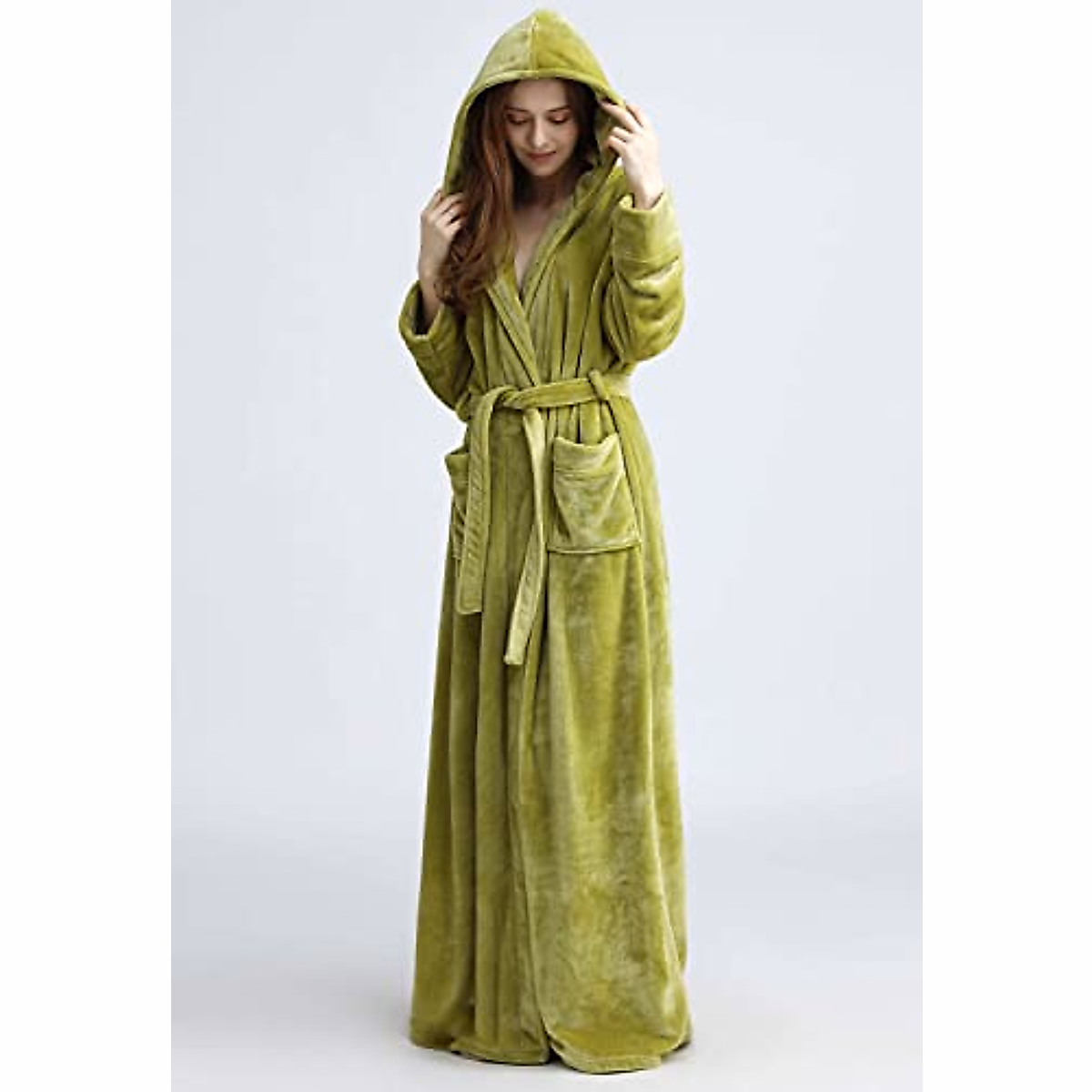 Flygo Women's Long Robe with Hood Soft Warm Full Length Sleepwear Luxurious Plush Fleece Winter Ladies Robes (X-Large, Green)