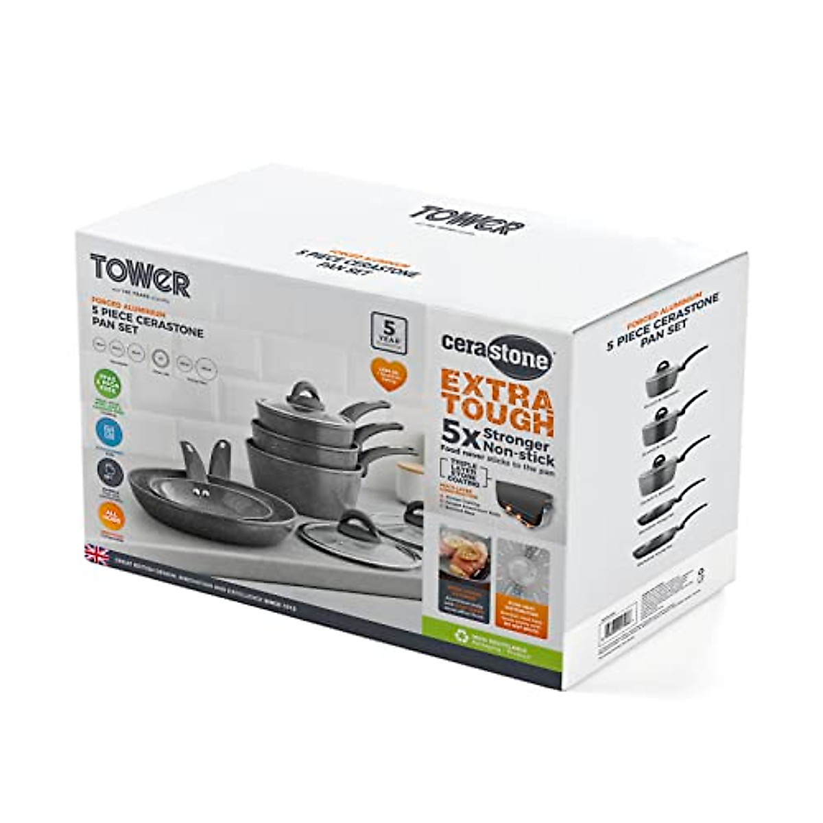 Tower Cerastone Forged Aluminium Pan Set with Easy Clean Non-Stick Ceramic Coating, 5 Piece, Graphite