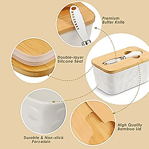 Ceramic Butter Dish with Lid and Knife, Porcelain Butter Container for Countertop, Butter Holder Keeper Double Silicone Seals, Perfect for West or East Coast Butter