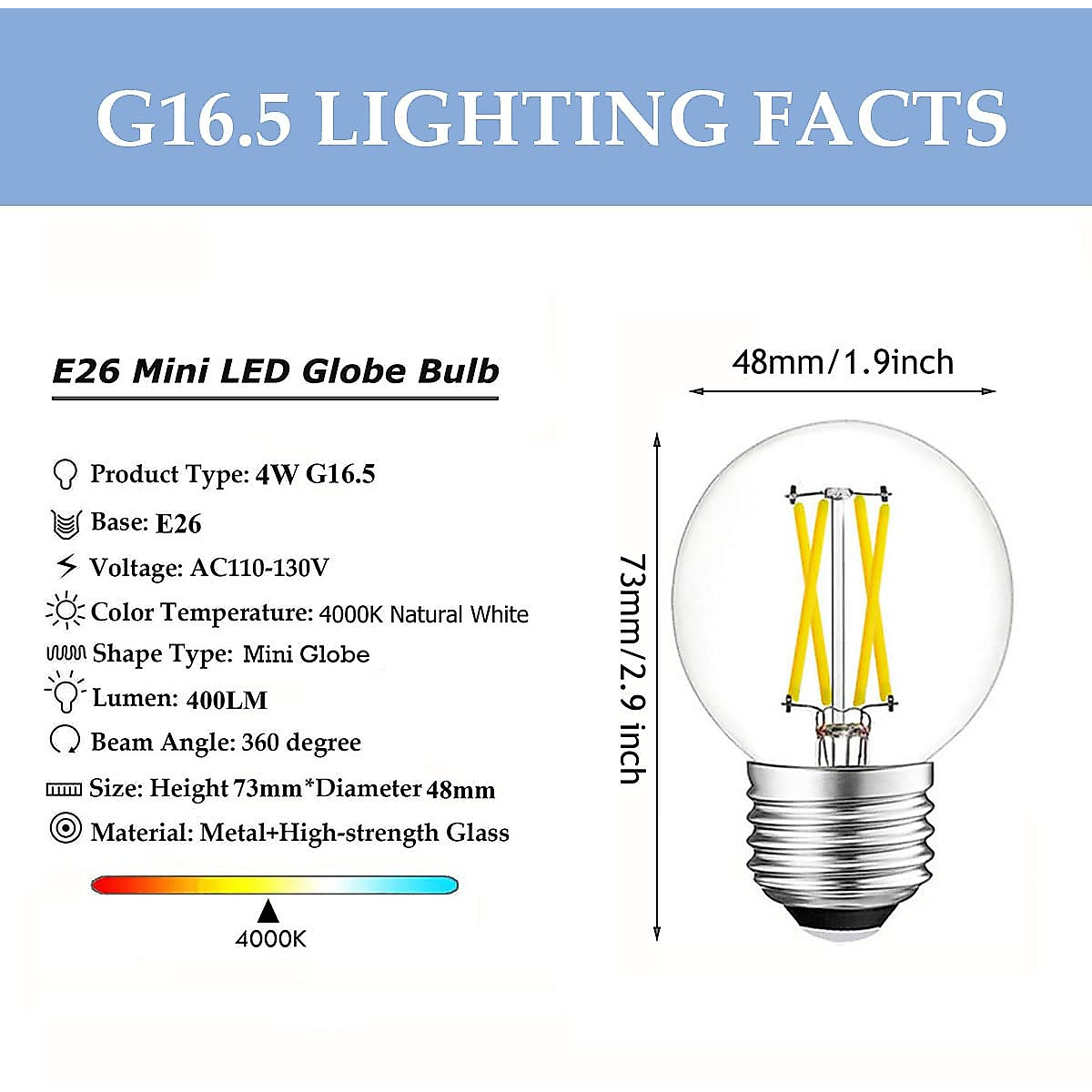 Greeogin Dimmable E26 LED Edison Bulb, g16.5 led Candelabra Bulb 4W Equal to 40W Natural White 4000K,for Pendant Fixtures,Chandeliers,Vanity Bulbs 5 Pack