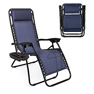 AmazingForLess Zero Gravity Lounge Chair Adjustable Outdoor Reclining Chair Folding Patio Anti-Gravity Indoor Outdoor Lounge Chair w/Pillow, Cup Holder (One Chair - NavyBlue)