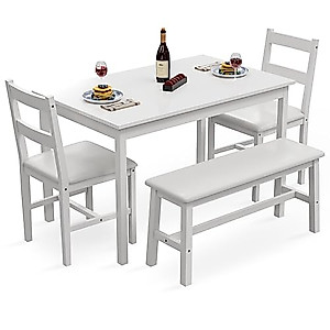 Dining Table Set for 4, 4 Piece Kitchen Table with Chairs and Bench, Wood Rectangular Dining Table Set with 2 PU Leather Chair and Bench for Small Spaces, Apartment, Breakfast, Living Room (White)