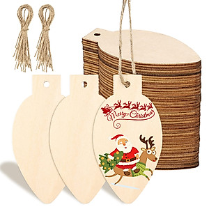 Queekay 50 Pcs Christmas Unfinished Wooden Light Bulb Wooden Slices Blank Hanging Decorations with Rope Unfinished Predrilled Discs for Christmas Crafts DIY Decoration(Wood Color)