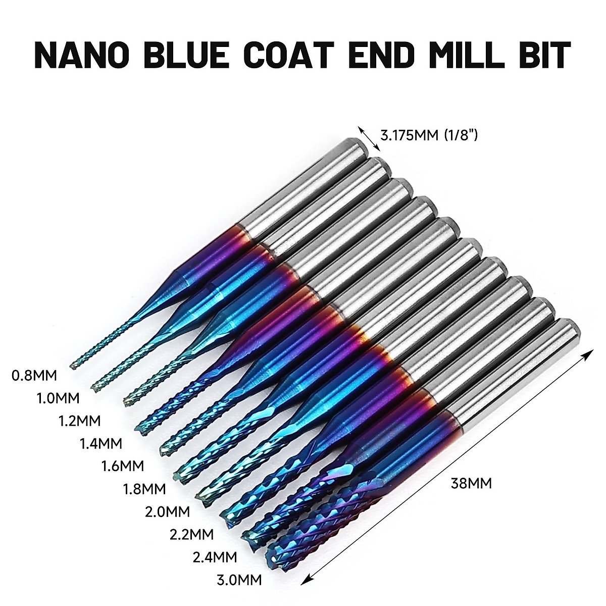 40pcs End Mills CNC Router Bits, 1/8 inch(3.175mm) Shank CNC Milling Carving Bit Set Including 2-Flute Flat & Ball Nose Spiral Bits, Nano Blue Coat & Titanium Coat End Mill, Suitable for ER 11 Collet