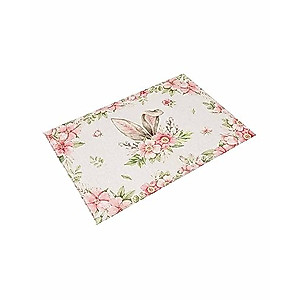 Easter Outdoor Rug for Patio/Deck/Porch, Non-Slip Area Rug 5x8 Ft, Bunny Ears Pink Spring Floral Botanical Rustic Burlap Indoor Outdoor Rugs Washable Area Rugs, Reversible Camping Rug Carpet Runner