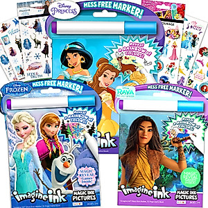 Classic Princess Magic Ink Coloring Super Set - 3 Books Featuring Disney Princesses, Frozen, and Raya The Last Dragon with Invisible Pens, Stickers