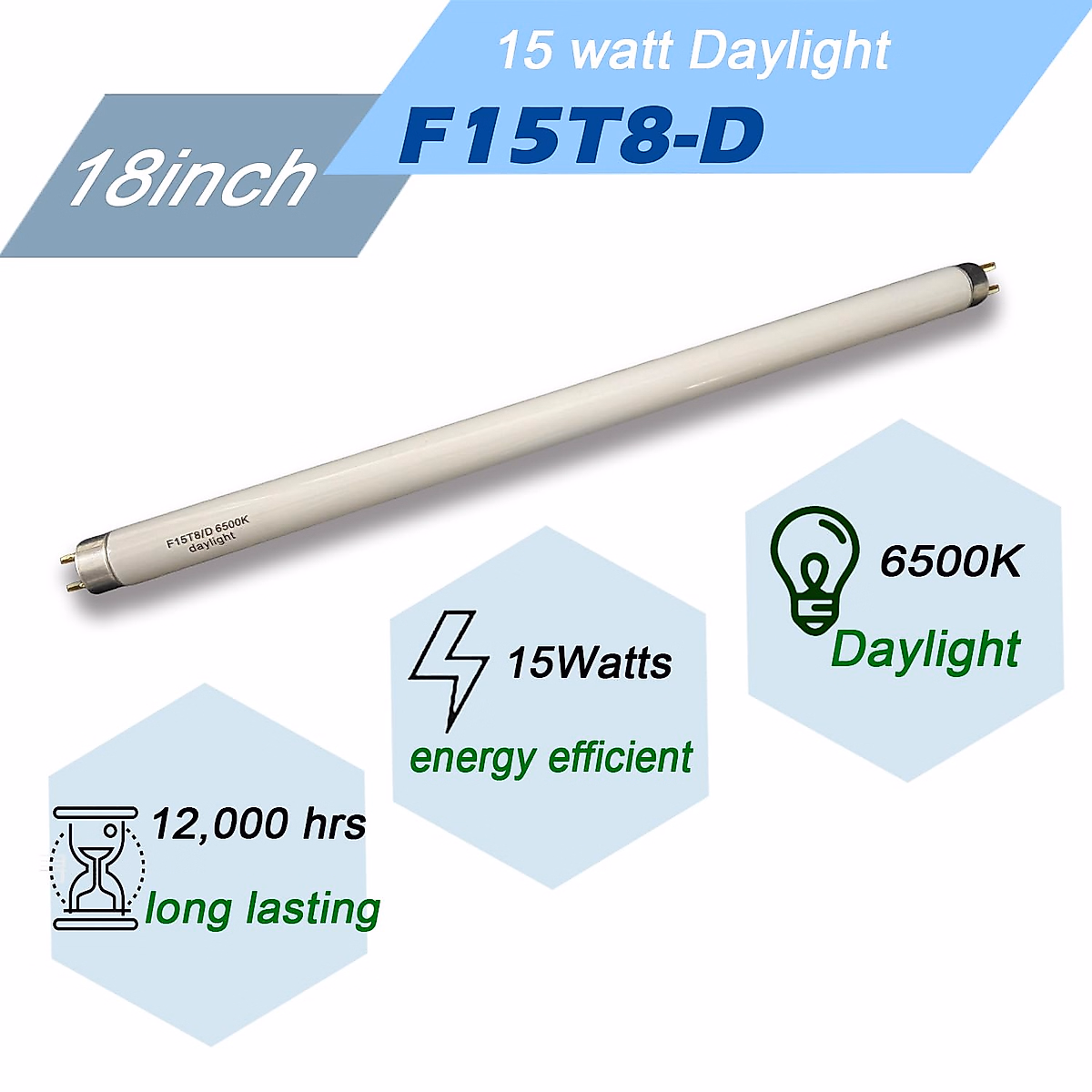 F15T8-D Daylight 15W Fluorescent Bulb,18'' F15T8/DL 6500K T8 Linear Preheat Lighting Lamps, G13 bi-pin Base