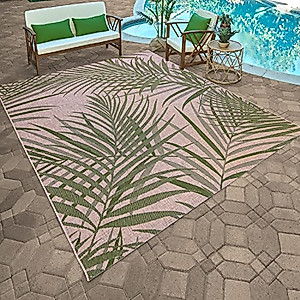 Gertmenian Indoor Outdoor Area Rug, Classic Flatweave, Washable, Stain & UV Resistant Carpet, Deck, Patio, Poolside & Mudroom, 8x10 Ft Large, Royal Palm Leaf, Green, 21952