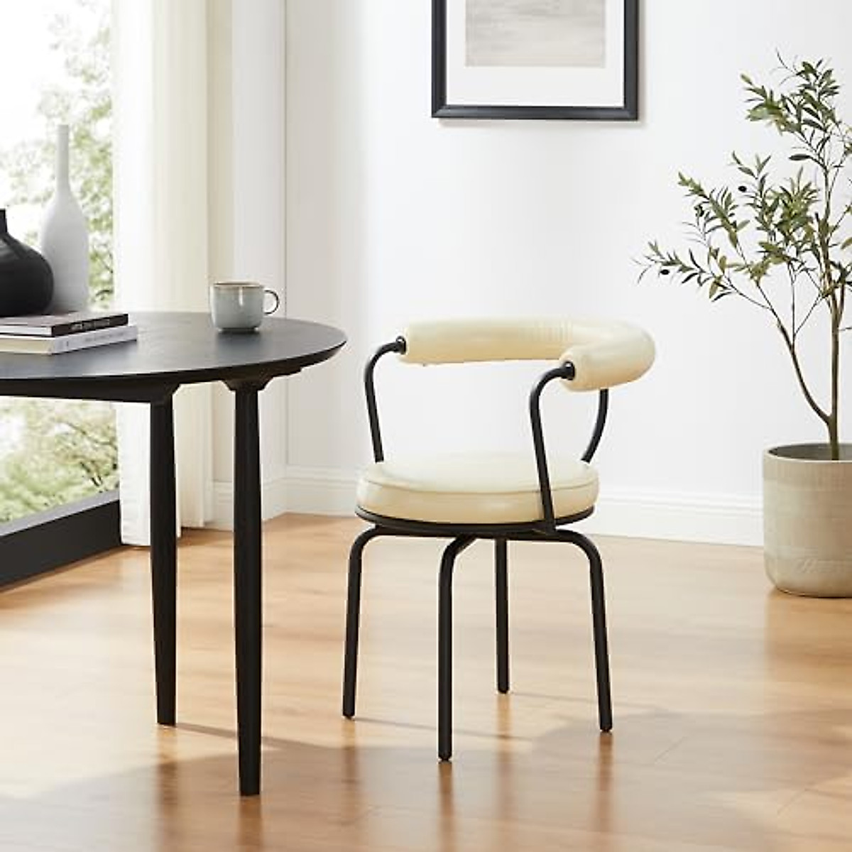 Art Leon Swivel Dining Chairs, Set of 2, Faux Leather Upholstered Dining Room Chairs, Modern Accent Armchairs with Black Metal Legs for Kitchen Living Room Bedroom, Off White