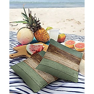 Vandarllin Outdoor Throw Pillows Covers 16X16 Set of 2 Waterproof Sage Green Brown Decorative Zippered Cushion Covers for Patio Furniture, Farmhouse Retro Rustic Barn Wood Texture Lumbar Pillowcases