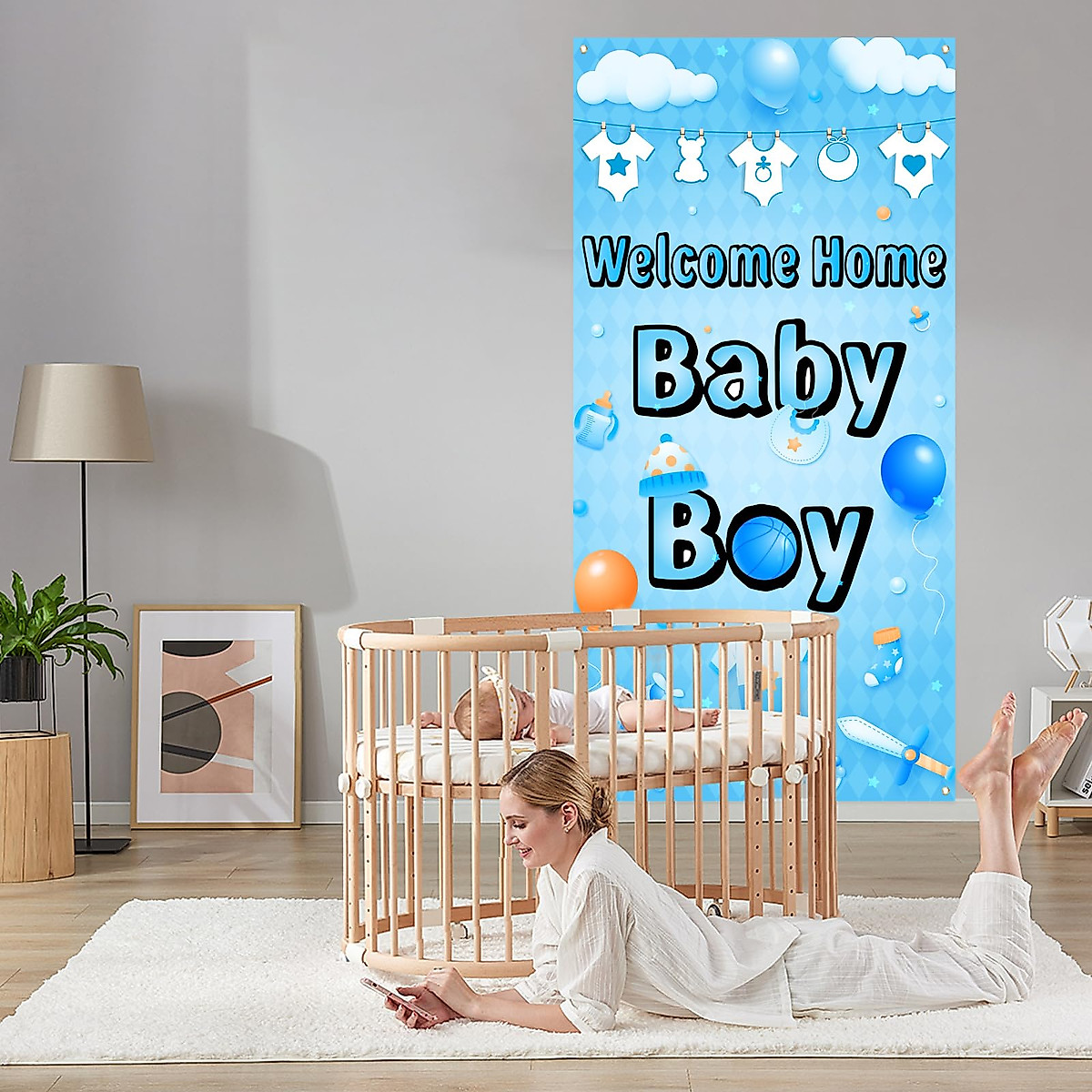 Labakita Welcome Home Baby Boy Door Banner, It’s a Boy Welcome Baby Boy Banner, Baby Shower Decorations for Boys, Gender Reveal Baby Shower Door Sign Party Decoration Inside Outside