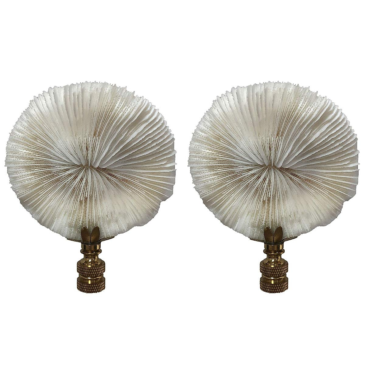 Royal Designs Natural Coral 3.75" Lamp Finial for Lamp Shade, White Mushroom Coral, Polished Brass Base - Set of 2