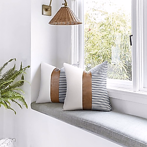 cygnus 20x20 Pillow Covers Set of 2 Farmhouse Decor Stripe Patchwork Linen Throw Pillow Covers Modern Faux Leather Covers for Couch Sofa, Navy Blue