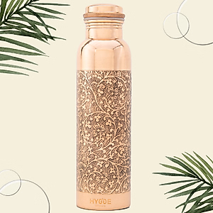 HYGGE Copper Water Bottle for Drinking – 34oz Engraved Pure Copper Water Bottle – Travel Water Bottle for Gym, Office, Hiking, Outdoor – Ayurvedic Water Bottle with Lid