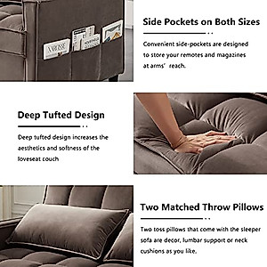 Aoowow 58 Inch Convertible Sleeper Sofa, Velvet Loveseat Sleeper Pull Out Sofa Bed Convertible Loveseat with Adjustable Backrest, 2 Pillows and Side Pockets for Living Room Small Spaces (Brown)