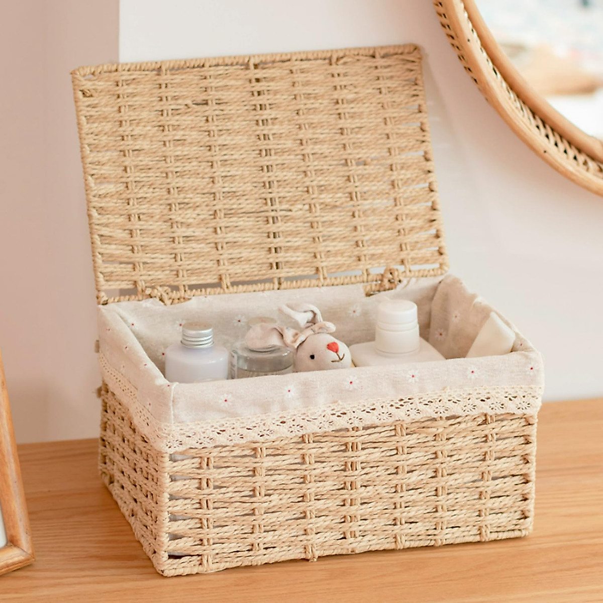 Rattanzenith Wicker Basket with Lid Paper Rope Storage Baskets for Shelves Large Storage Bin with Removable Liner Nesting Decorative Woven Basket for Makeup Closet Organizer (Large, Khaki)