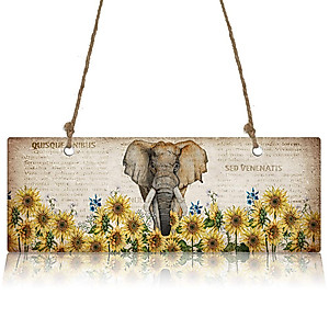 Wooden Signs 11" x 4", Retro Sunflower Sign Home Decor Wood Plaque Hanging Wall Art, Decorative Door Garden Sign with Rope, Wild Anima Elephant with Blooming Sunflowers
