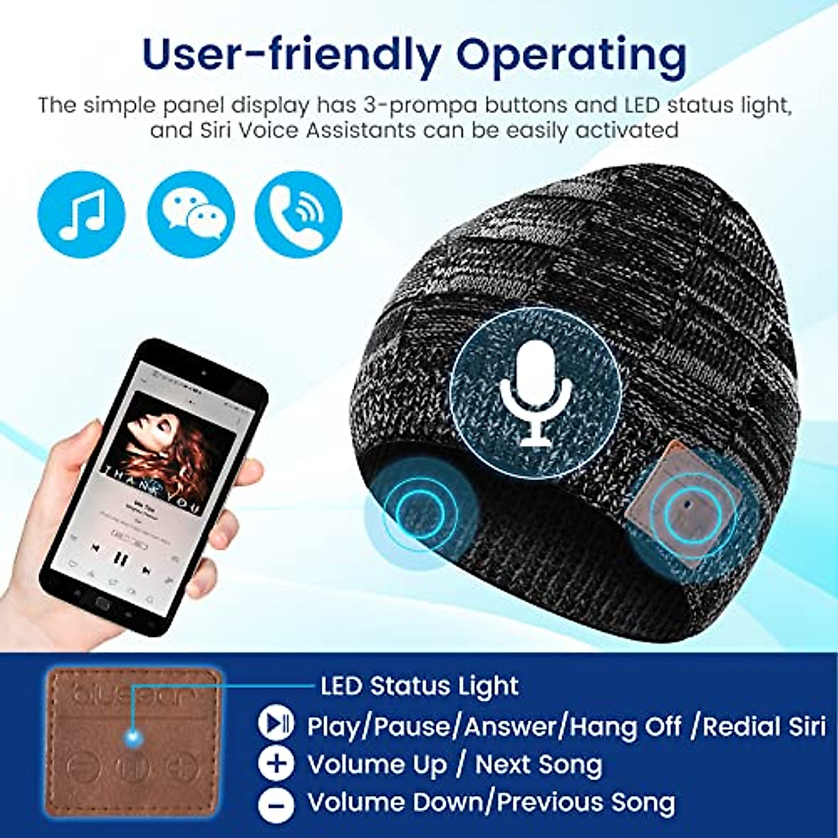blueear Bluetooth Beanie Hat Bluetooh 5.2 Headphone Wireless Winter Knit Hats with Stereo Speaker and MIC,Gifts for Birthday,Christmas,Thanksgiving Day