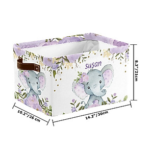 CUXWEOT Personalized Purple Floral Elephant Storage Bin with Name Waterproof Canvas Organizer Bin with Handles for Gift Baskets Book Bag (2 Pack)