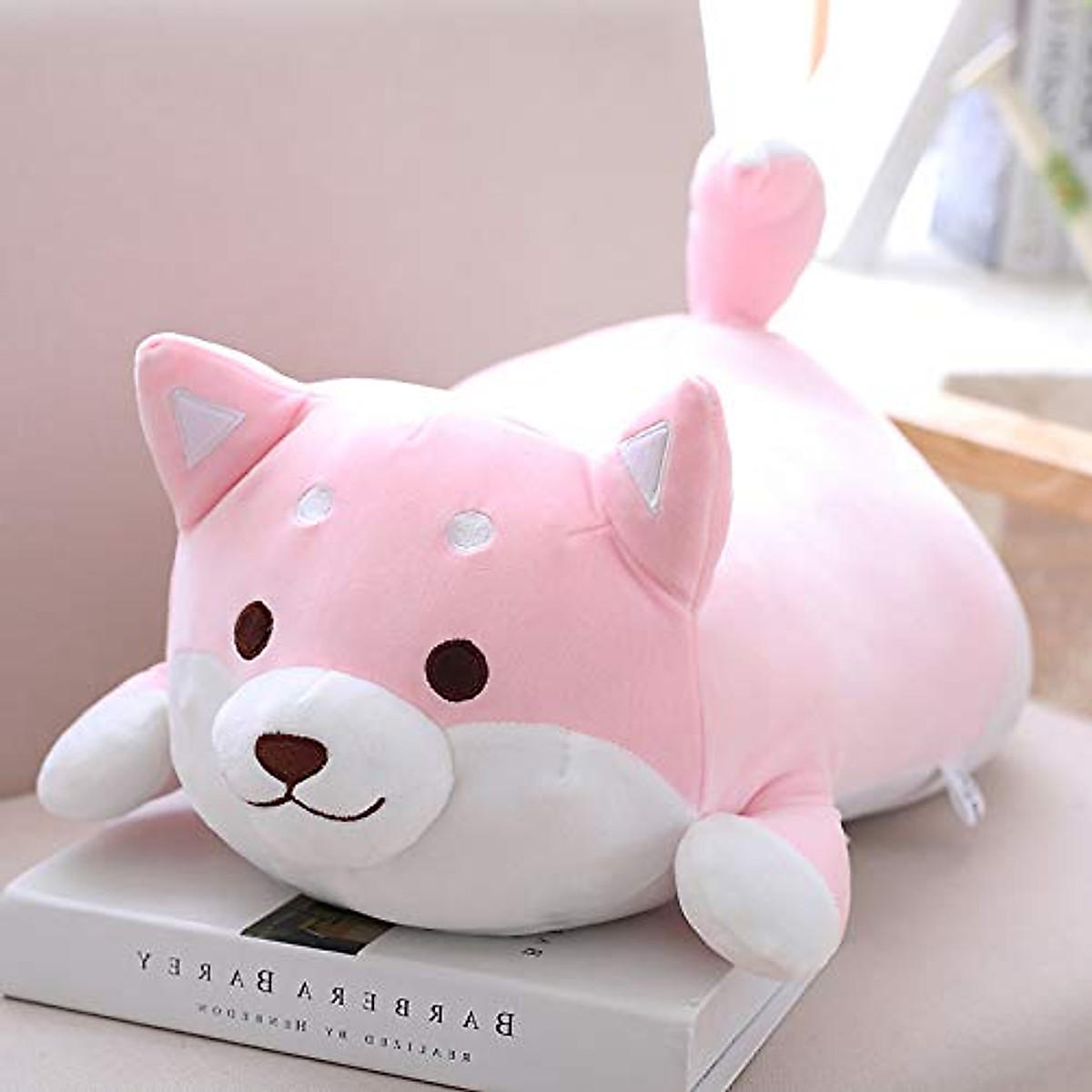 Shiba Inu Dog Plush Pillow, Cute Soft Corgi Stuffed Animals Doll Toys Gifts for Valentine, Christmas, Birthday, Bed, Sofa Chair (Pink Round Eye, 13.5in)