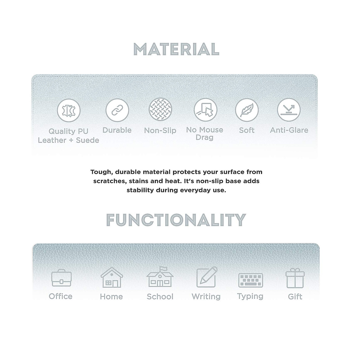 FTC Leather Desk Pad and Blotter, Non-Slip PU Suede Base (Smokey Blue 31.5 X 15.75), Stitched Mouse Pad for Office, Computer Gaming, Keyboard and Protector Writing Mat