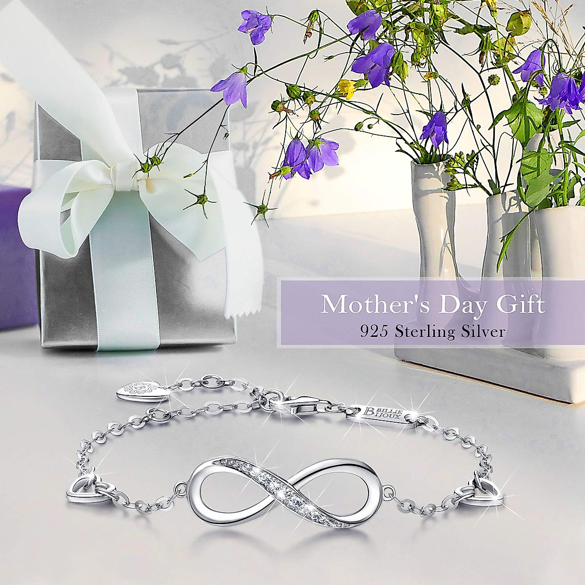 Billie Bijoux Womens 925 Sterling Silver Infinity Endless Love Symbol Charm Adjustable Bracelet for Women