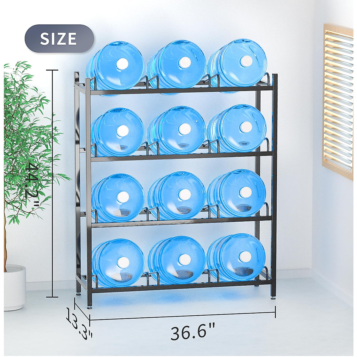 12-Tray Water Jug Rack, Storage 5 Gallon Water Cooler Bottle Holder Stand, 4-Tier Heavy Duty Carbon Steel 5 Gal Water Bottle Organizer for Home, Office, Kitchen, Warehouse, Black