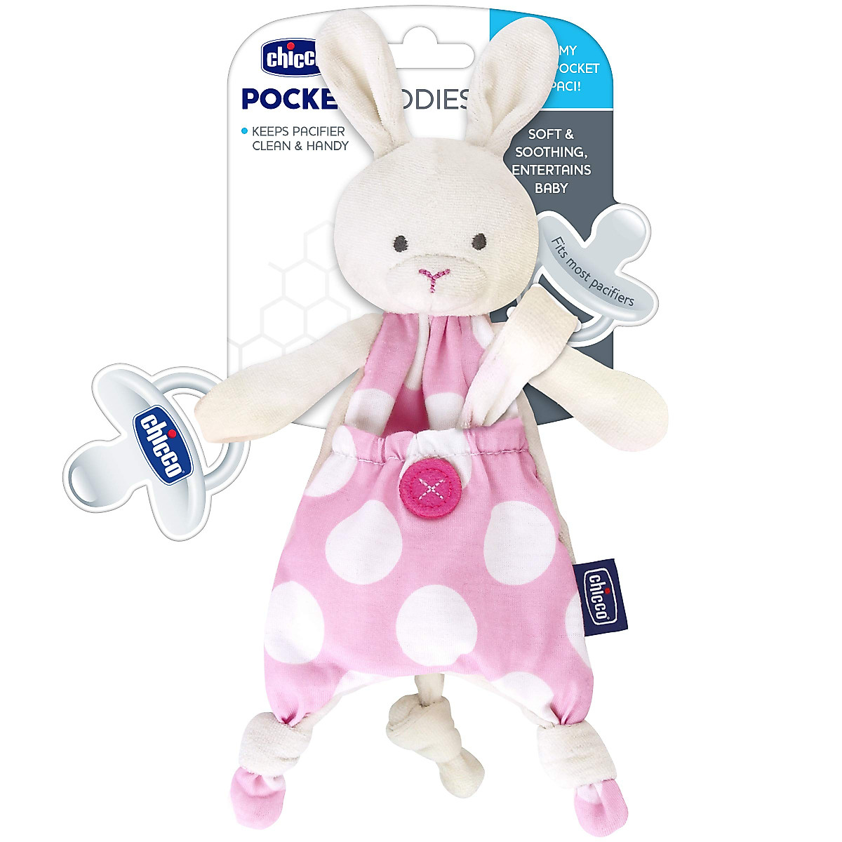 Chicco Pocket Buddy Lovey and Pacifier Holder | Plush, Soothing Animal-Themed Toy | Fits Most Pacifiers | Machine-Washable | Pink Bunny| 0+ Months