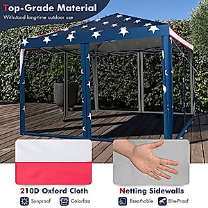 Tangkula 10x10 ft Pop-Up Canopy Tent, Outdoor Canopy Tent with Carry Bag, Waterproof Screen House Room Tent with Netting for Camping, Backyard, Wedding, American Flag Printing