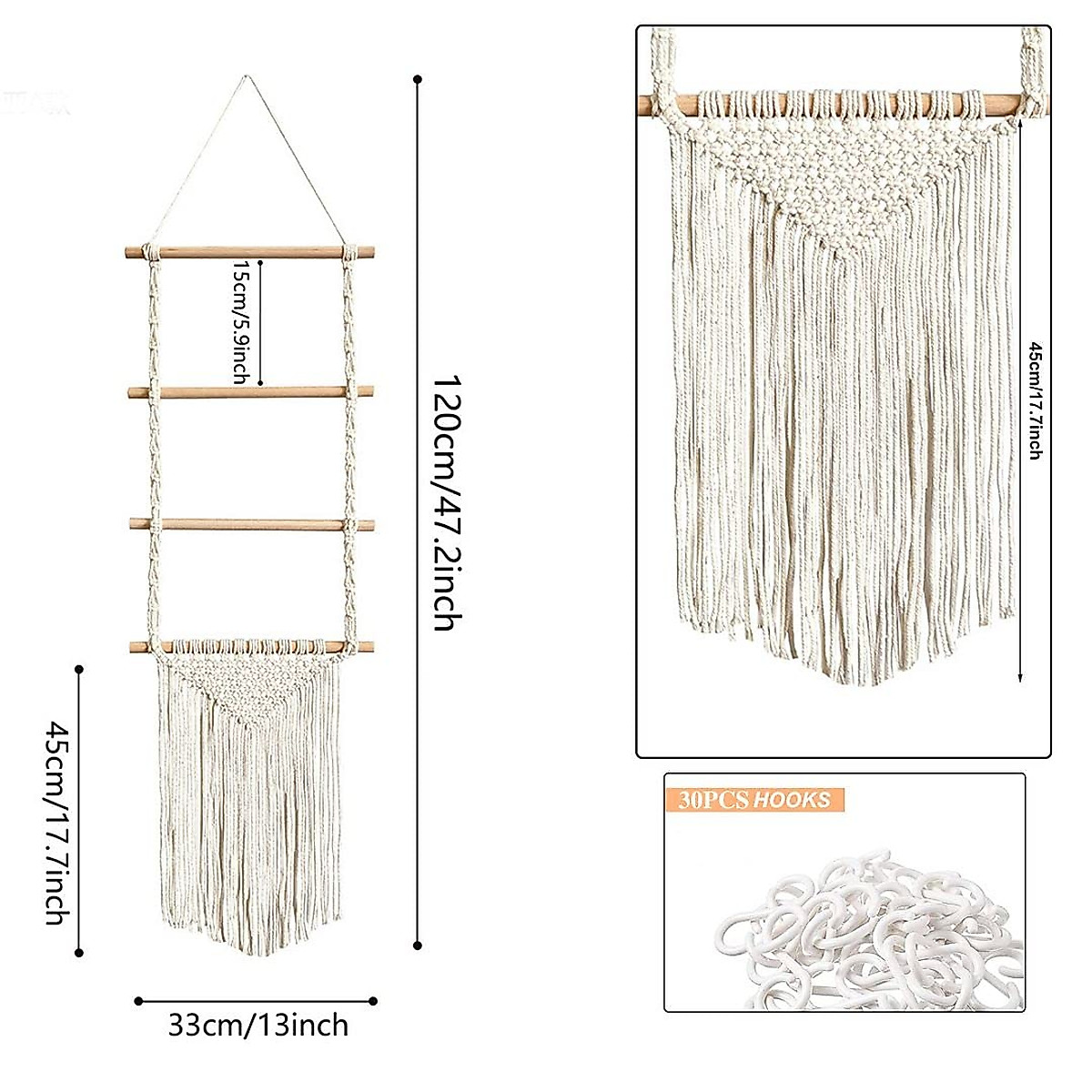 Nerien Headband Holder, Hair Bow Organizer for Girls Baby Toddler, Macrame Wood Hair Accessories Wall Closet Hanging Storage Display, for Hair Ribbons Ties Clips, with 30 Pcs Hooks for Shower Room