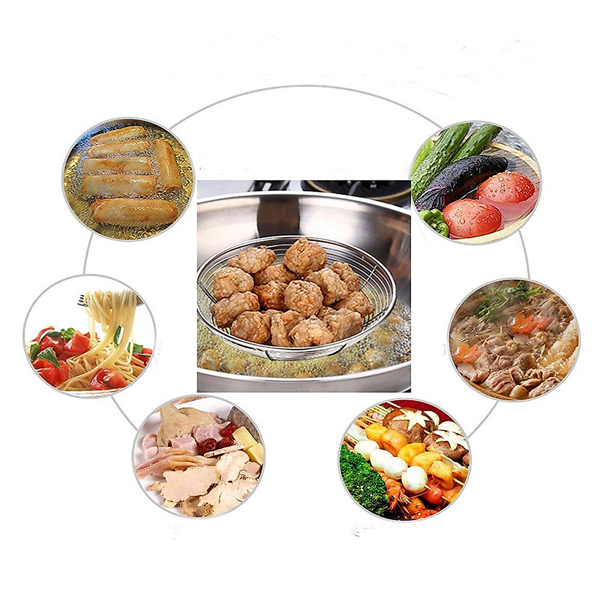 TENTA TENTA KITCHEN Stainless Steel Skimmer Strainer, Wire Skimmer with Spiral Mesh Bamboo Handle Spoon/Ladle for Spaetzle/Pasta/Chips (1pc M Size)