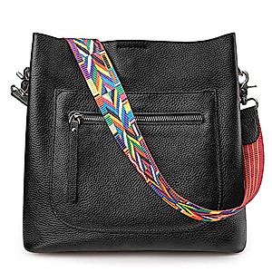 S-ZONE Women Genuine Leather Bucket Bag Shoulder Handbags Crossbody Purse Zipper with 2 Straps Medium Tote Hobo