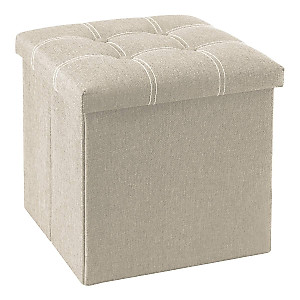 YOUDENOVA 15 inches Storage Ottoman Cube, Foldable Storage Boxes Footrest Step Stool, Padded Seat for Dorm Living Room, Support 300lbs, Line Fabric Beige