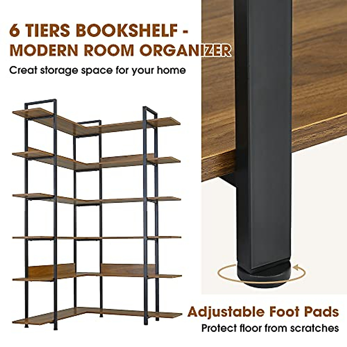 Corner Bookshelf 6-Tier L Shaped Bookcase, Industrial Home Office Open Storage and Display Rack Shelves, Metal Frame