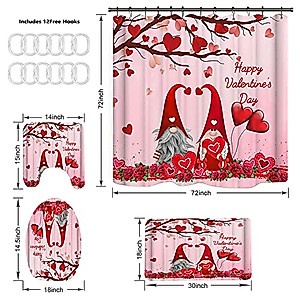4Pcs Valentines Shower Curtain Sets with Rugs Happy Valentine's Day Red Rose Vintage Truck Gnomes Shower Curtain Rose Flower Farm Bathroom Set Hooks Toilet Lid Cover Bath Mat (Happy Valentines)
