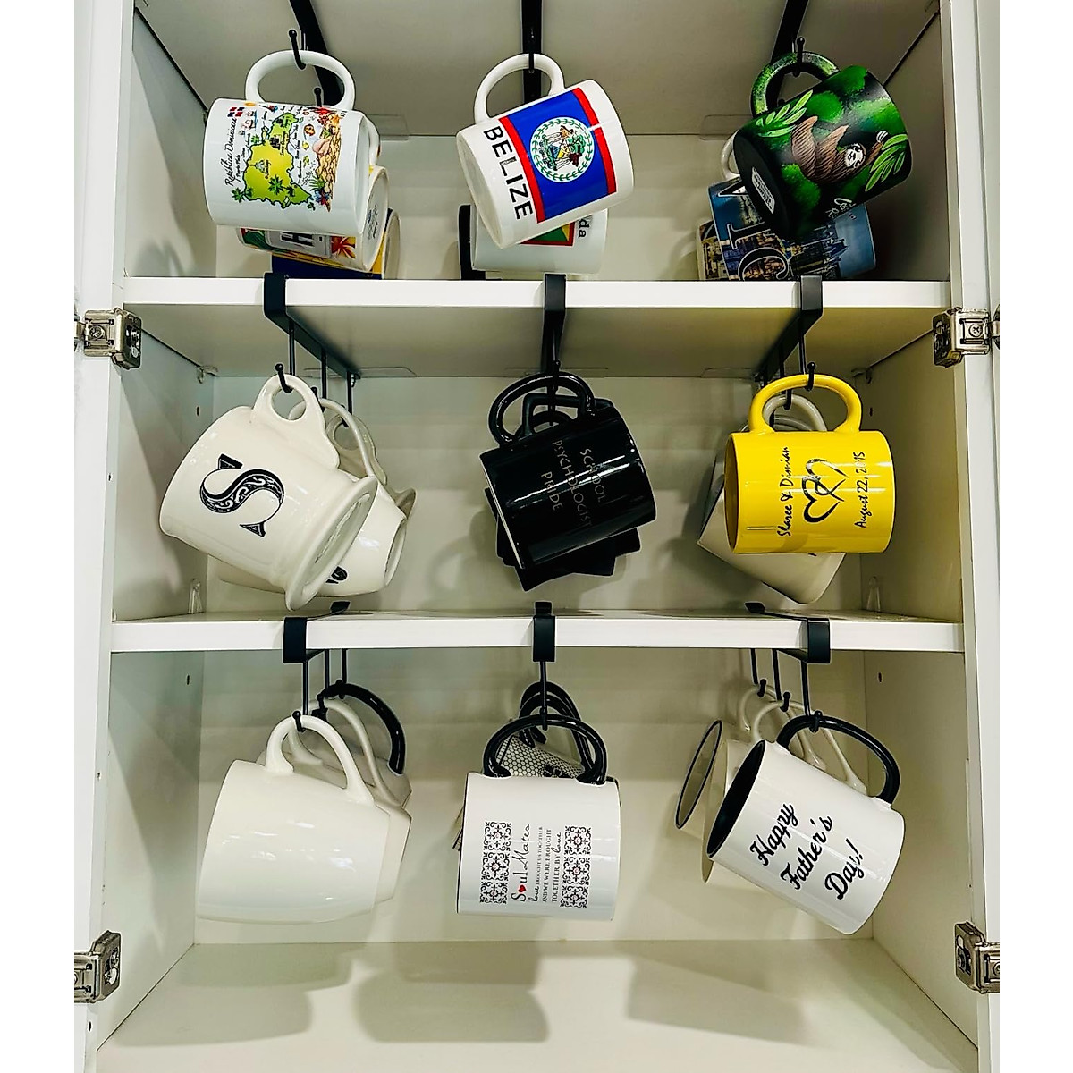 ECROCY Adhesive Cup Holder Under Cabinet - 3pcs x 6 Hook Coffee Cup Mug Holder for Kitchen, Fit for 1 Inch Thickness Shelf or Less - Only Fit for Flat Buttom Cabinet Without Any Lip