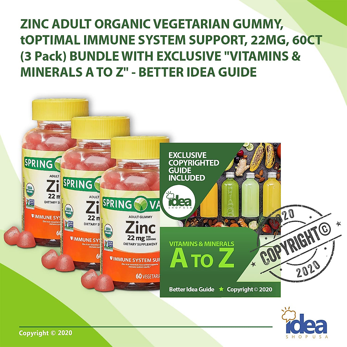 Zinc Adult Organic Vegetarian Gummy, Optimal Immune System Support, 22mg, 60ct (3 Pack) + "Vitamins & Minerals A to Z - Better Idea Guide"