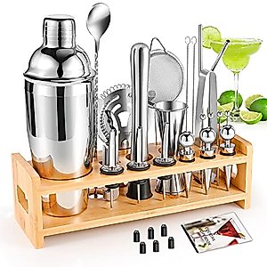 FREOIHETI 30 Piece Cocktail Shaker Set, Cocktail Bartender Kit Bar Drink Tool Set with Stylish Bamboo Stand Cocktail Recipes Booklet - Silver