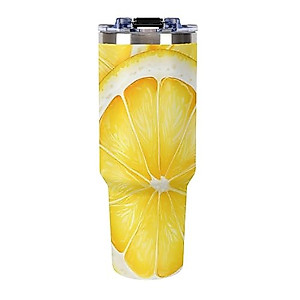 Lemon Slice Pattern 40 Oz Water Bottle, Stainless Steel Tumbler with Handle And Straw, Extra Large Insulated Tumbler, Flip Straw Tumblers for Sports, Work, Car, Travel And Weekends