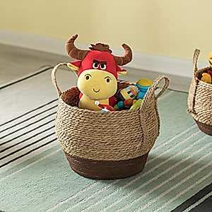 Straw Decorative Round Storage Basket Set of 2 with Woven Handles for the Playroom, Bedroom, and Living Room