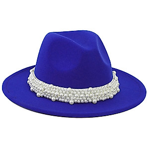Qkrlamx Black Fedora Hats for Women Wool Panama Hat with Pearl Band Wide Brim Felt Hat Classic Trilby Hat Blue