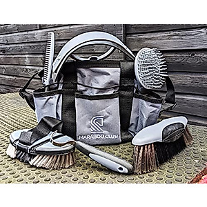 Rugged Horse Grooming Kit - Seven Piece Grooming Kit for Horses. Contains Horse Brushes, Hoof Pick, Sweat Scraper and Grooming Tote