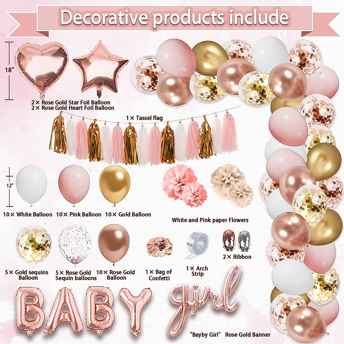 Guudmua 303 Pcs Baby Shower Decorations For Girl, Girl Baby Shower Decorations Kits - Disposable Dinnerware Set With Pink Rose Gold Floral (25 Guest), "BABY girl" Banner, Balloon, Sash, Cake Topper