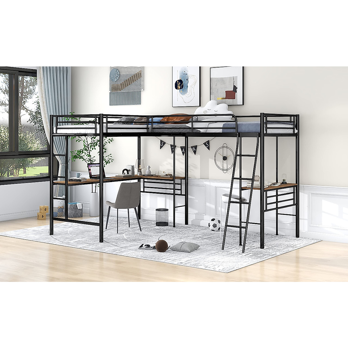 Quarte Simple Metal L-Shaped Loft Bed with Two Built-in Desks,Guardrails and Ladders,for Family Kids Teens,No Box Spring Needed