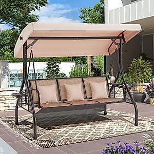 RYNSTO Outdoor Porch Swing with Adjustable Canopy, Backrest, 3-Person Patio Canopy Swing Textilene Bed with Side Cup Holder, Pillow for Garden, Deck, Back Yard, Lawn (Brown)