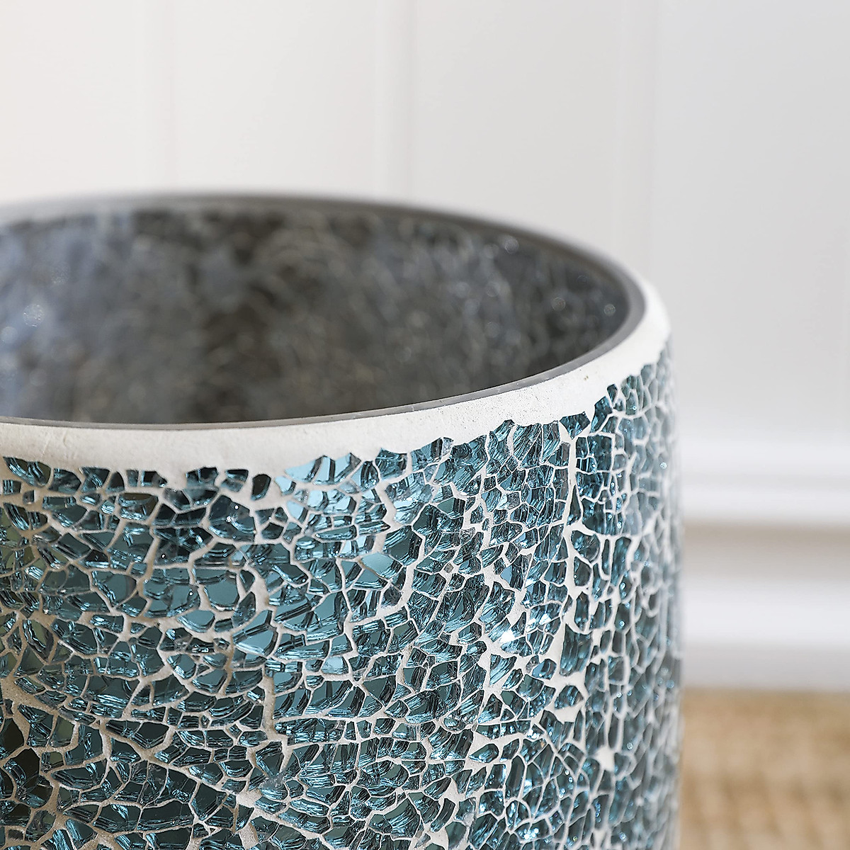 Bathroom Wastebasket - Glass Mosaic Decorative Trash Can Dia 7.5" H 10" (Navy Blue)