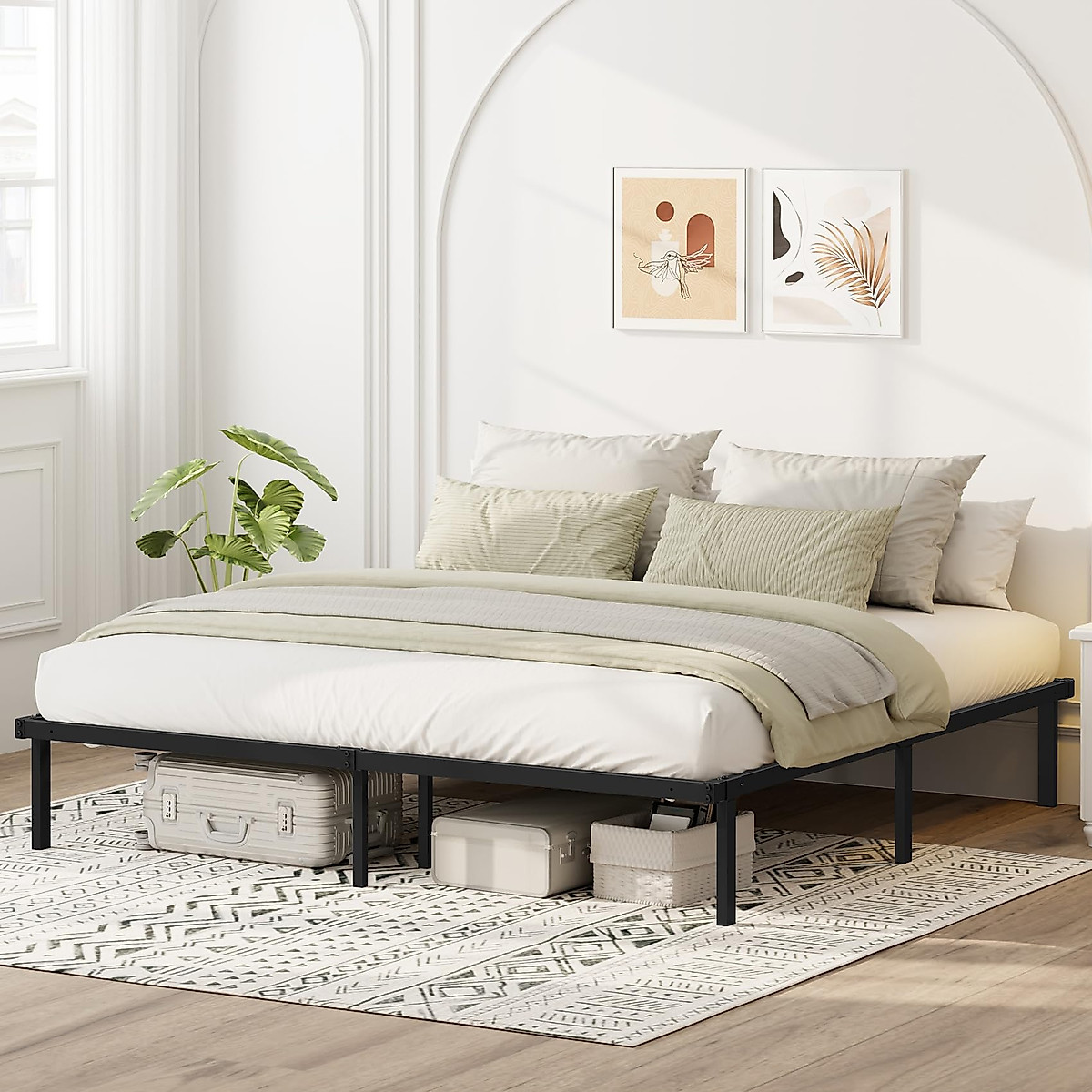 Flolinda Foldable King Bed Frame Metal Platform Bed 10 Minutes Quick Assembly Steel Slats 11 Feet Support No Box Spring Needed 14inch Black